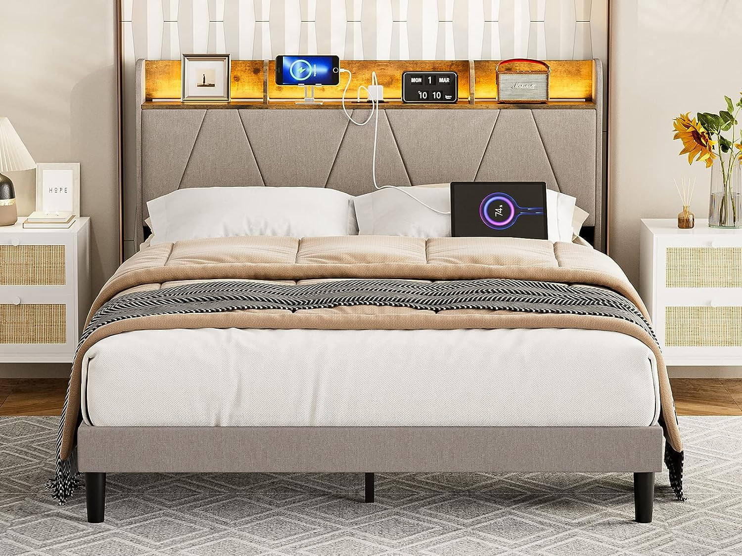 IKIFLY Queen Size Bed Frame with LED, Charging Ports, Storage Shelf ...