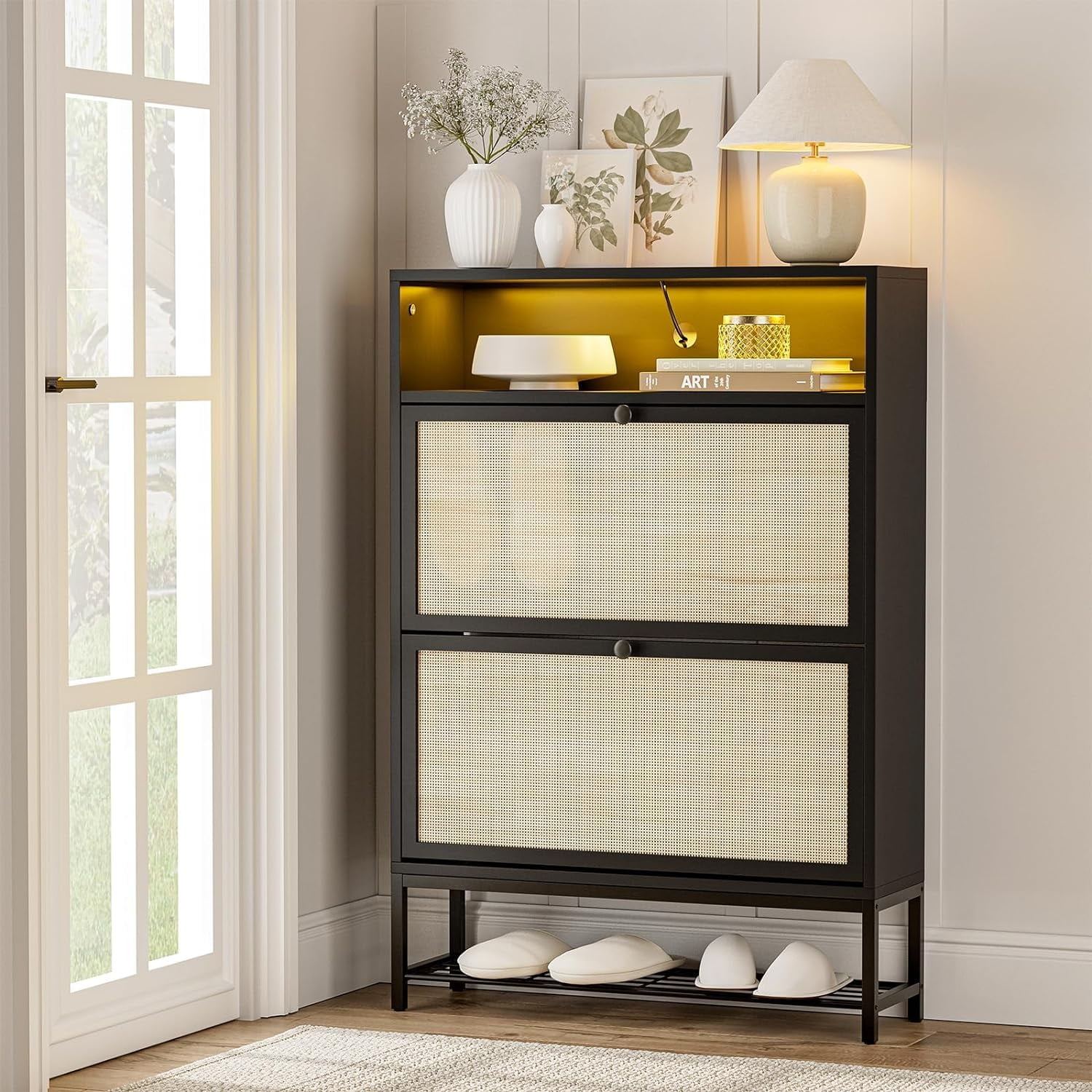 IKIFLY Black Rattan Shoe Cabinet with LED Light, Shoe Rack Cabinet with ...