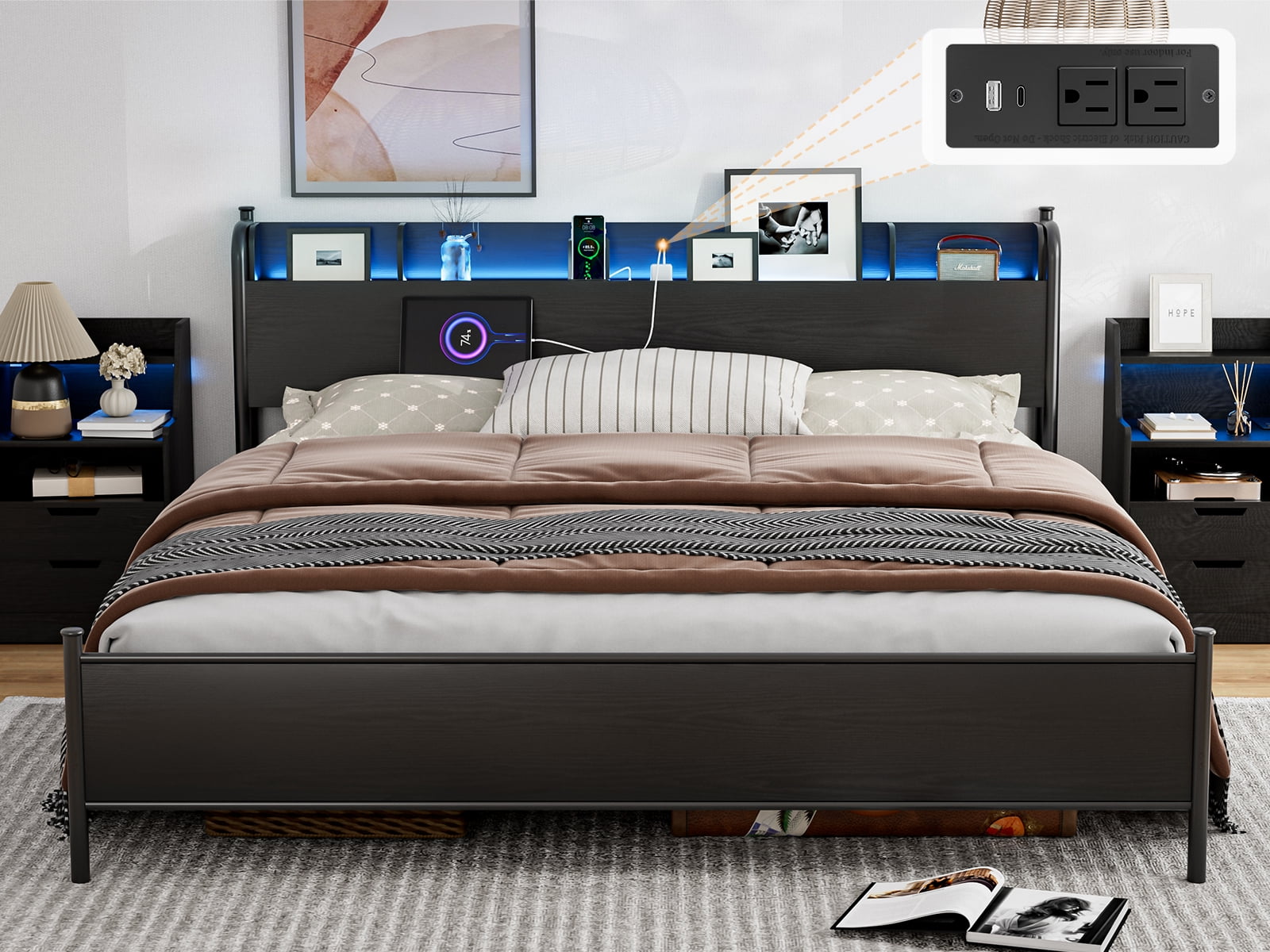 IKIFLY Cal King Size Bed Frame with Storage Shelf, USB Ports & LED ... IKIFLY Cal King Size Bed Frame with Storage Shelf, USB Ports & LED ...