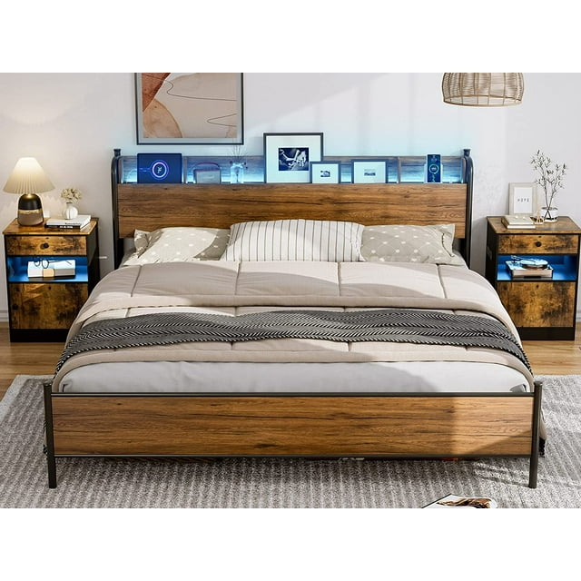 IKIFLY California King Bed Frame with Storage Shelf Headboard, LED ...