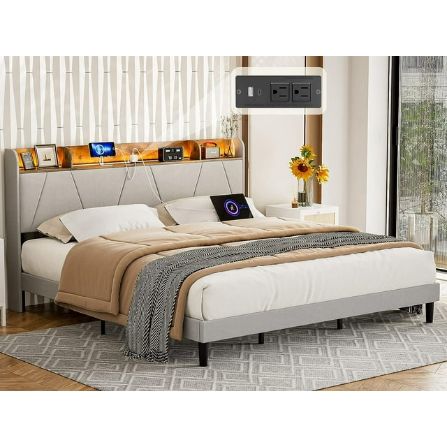 IKIFLY Upholstered California King Bed Frame with LED, Charging Station ...