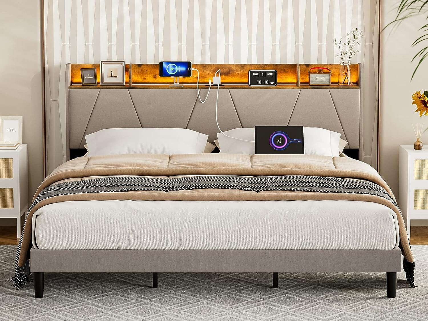 IKIFLY Cal King LED Bed Frame with Charging Station & Storage Shelf ... IKIFLY Cal King LED Bed Frame with Charging Station & Storage Shelf ...