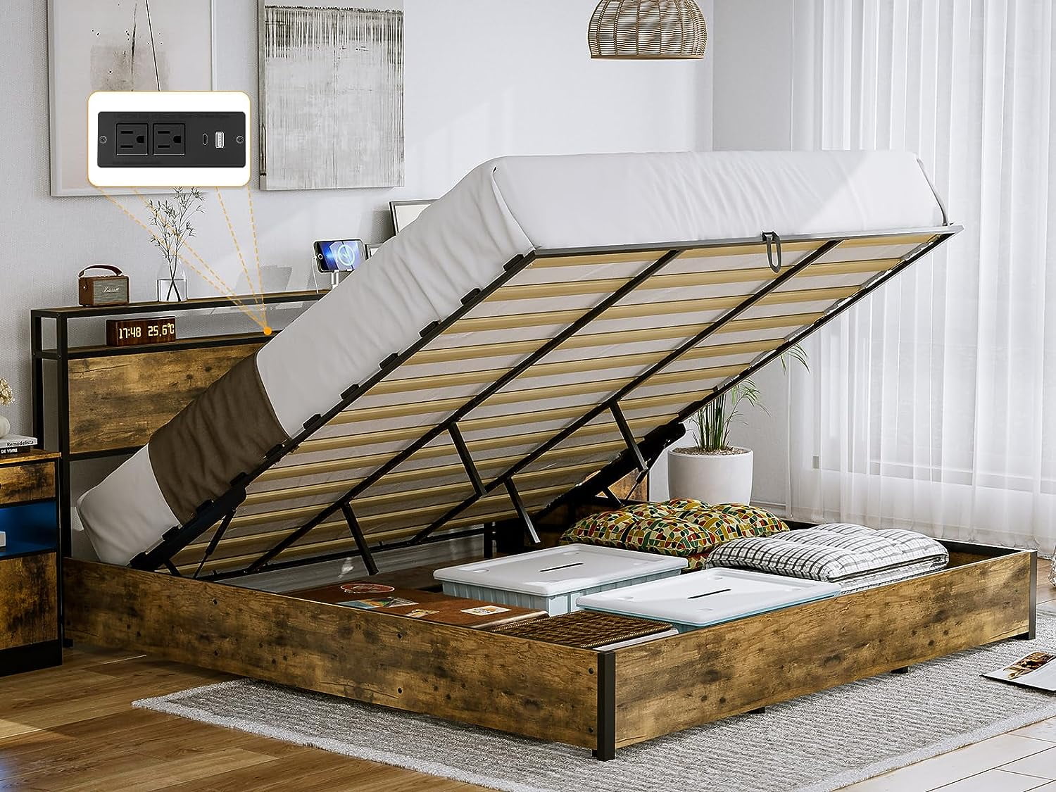 IKIFLY California King Size Lift Up Storage Bed - Metal Cal King ...