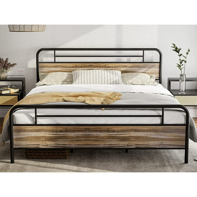 "IKIFLY Cal King Metal Platform Bed Frame, Wooden Headboard, Steel ...