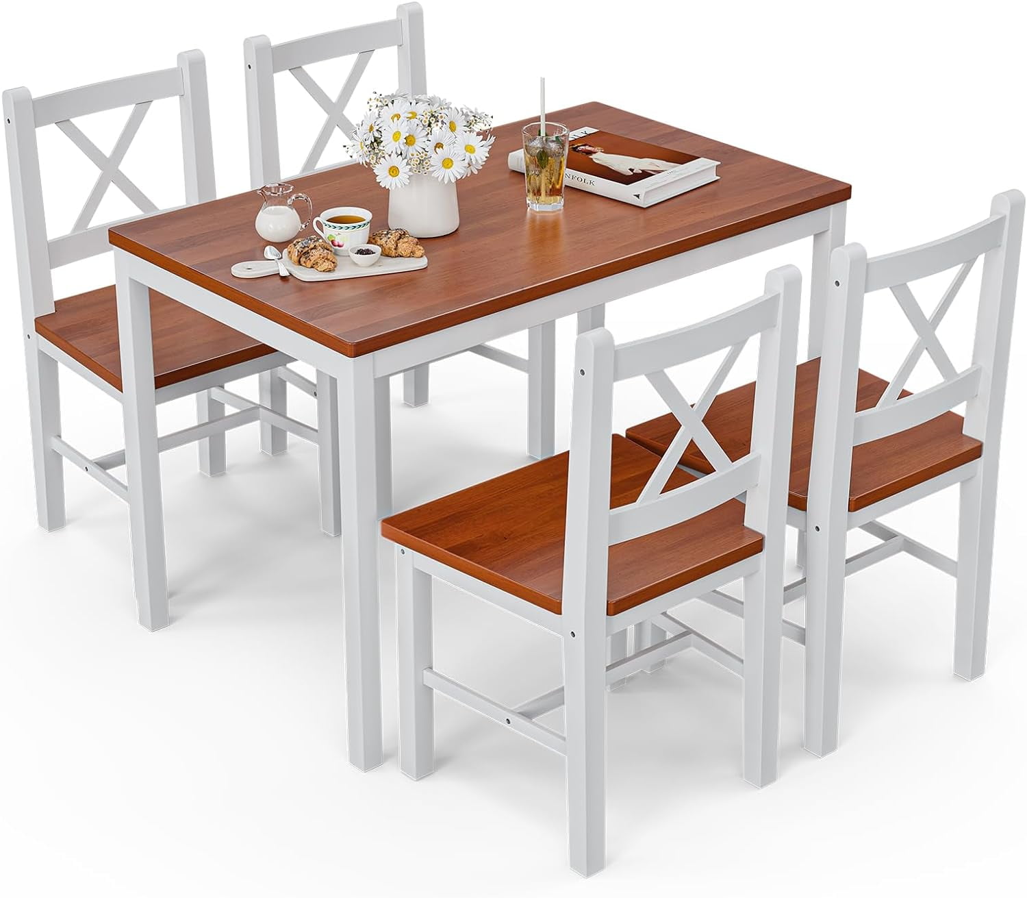 IKIFLY Dining Table Set for 4, Solid Wood 5-Piece Kitchen Table and ...