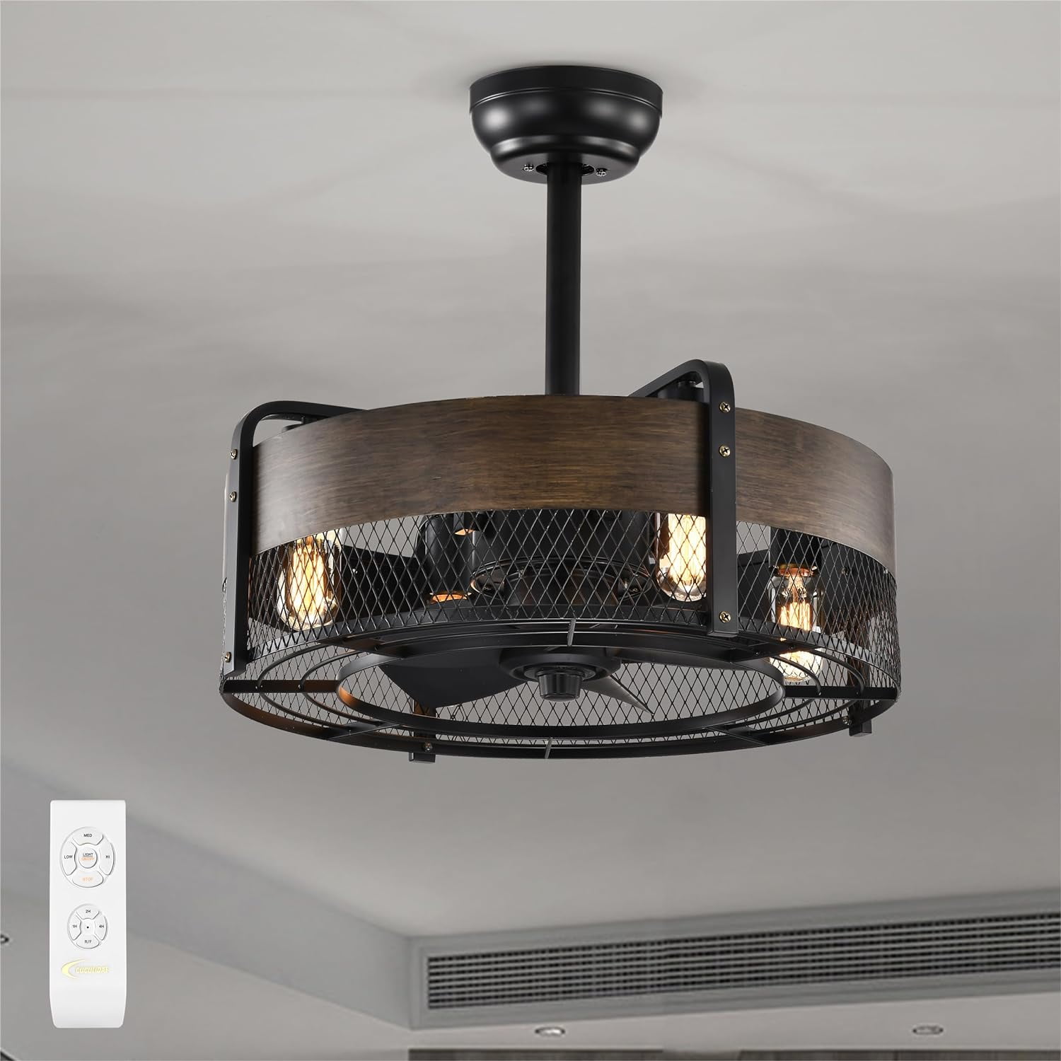 IKIFLY Enclosed Ceiling Fan Light Fixture, Rustic Metal Fan Lights, 5 ...