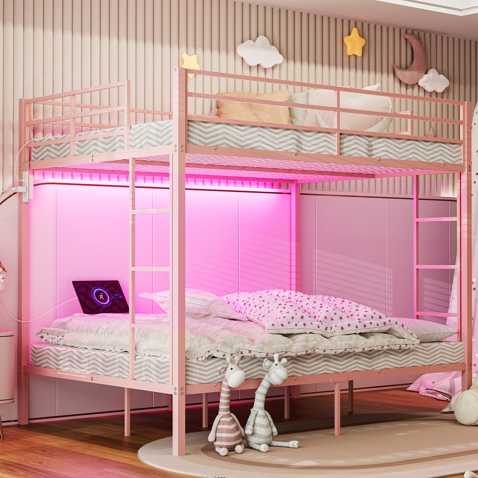 IKIFLY Full Over Full Bunk Beds with LED Lights and Charging Station ...