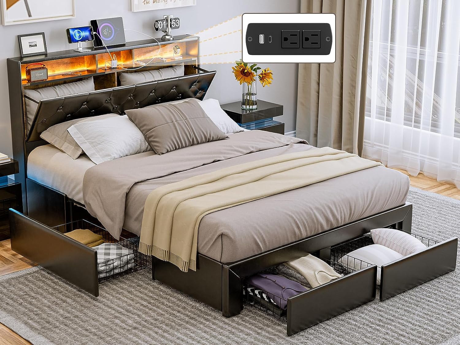IKIFLY Full Size LED Bed Frame with USB Charging Station, 4 Drawers ...