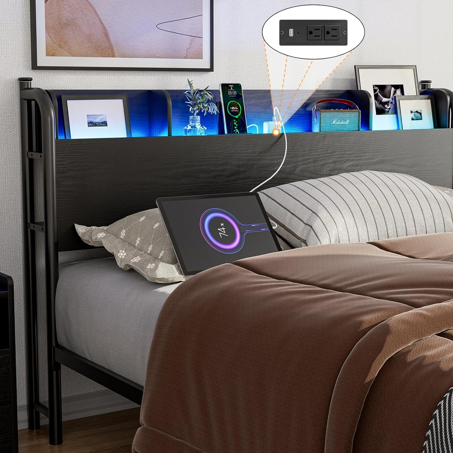 IKIFLY Full Headboard with LED Lights, Charging Station & Storage ...
