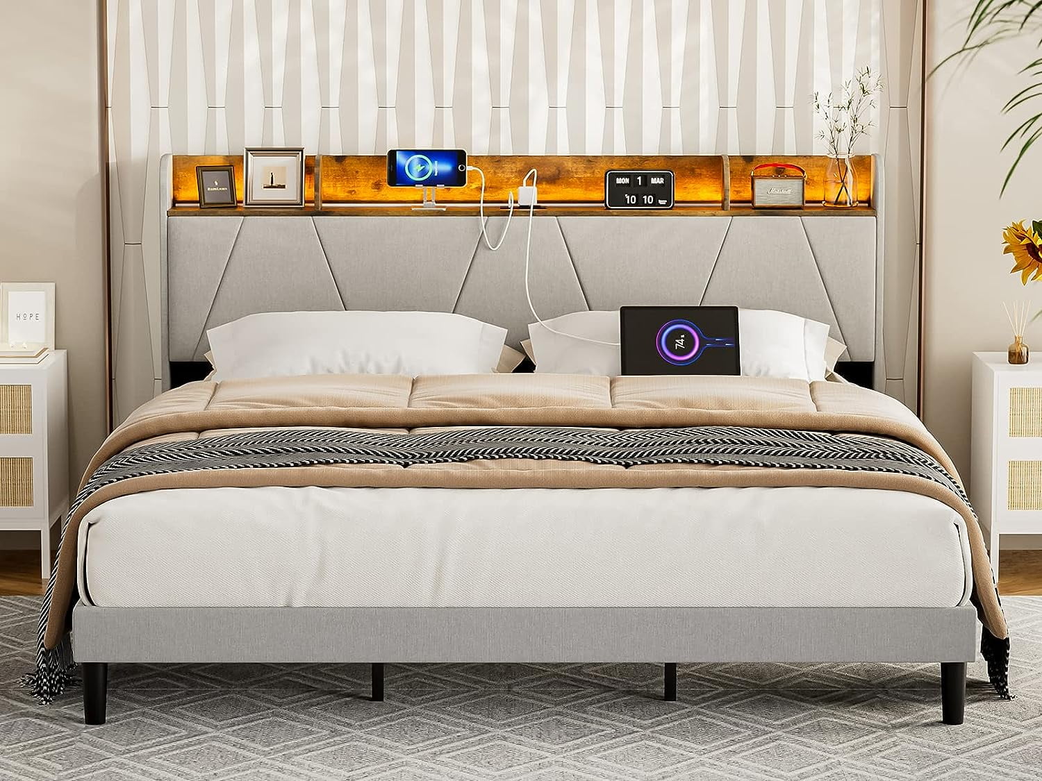 IKIFLY King Bed Frame with Storage Shelf Headboard & Charging Station ...