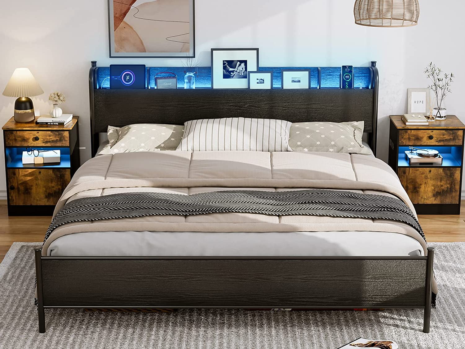 IKIFLY Cal King Size Bed Frame with Storage Shelf USB Ports LED Lights No Box Spring Needed Walmart