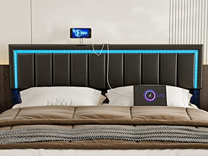 IKIFLY King Size LED Headboard with 2 USB Ports, Adjustable Height ...
