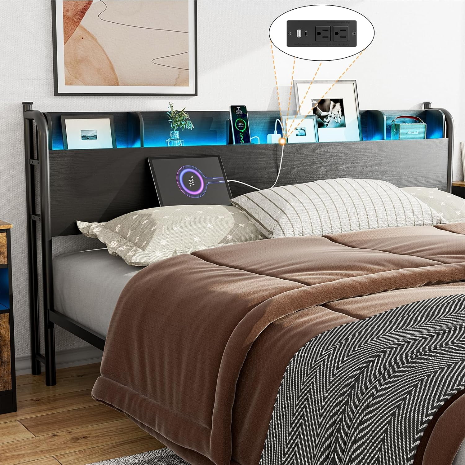 IKIFLY King Size Headboard with LED Lights, USB Ports, Storage ...