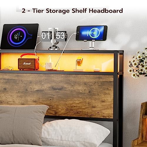 IKIFLY King Size Storage Headboard with LED Lights & Charging Station ...