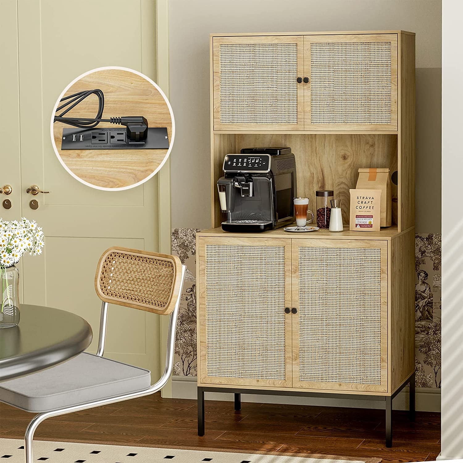 IKIFLY Kitchen Pantry Rattan Storage Cabinet with Outlet and USB Ports ...