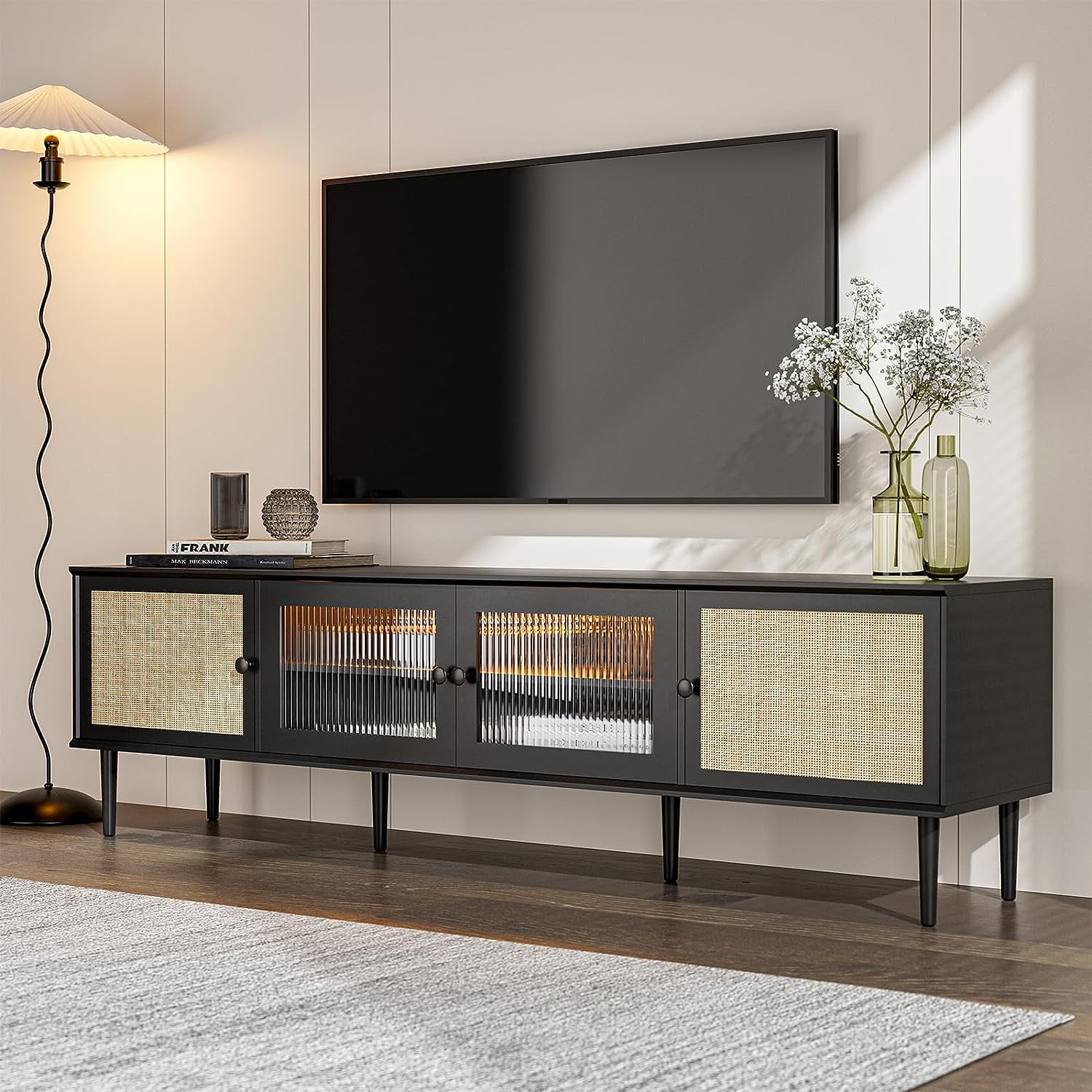 IKIFLY Modern LED Rattan TV Stand for 75 Inch TV, 2 Rattan & 2 Glass ...