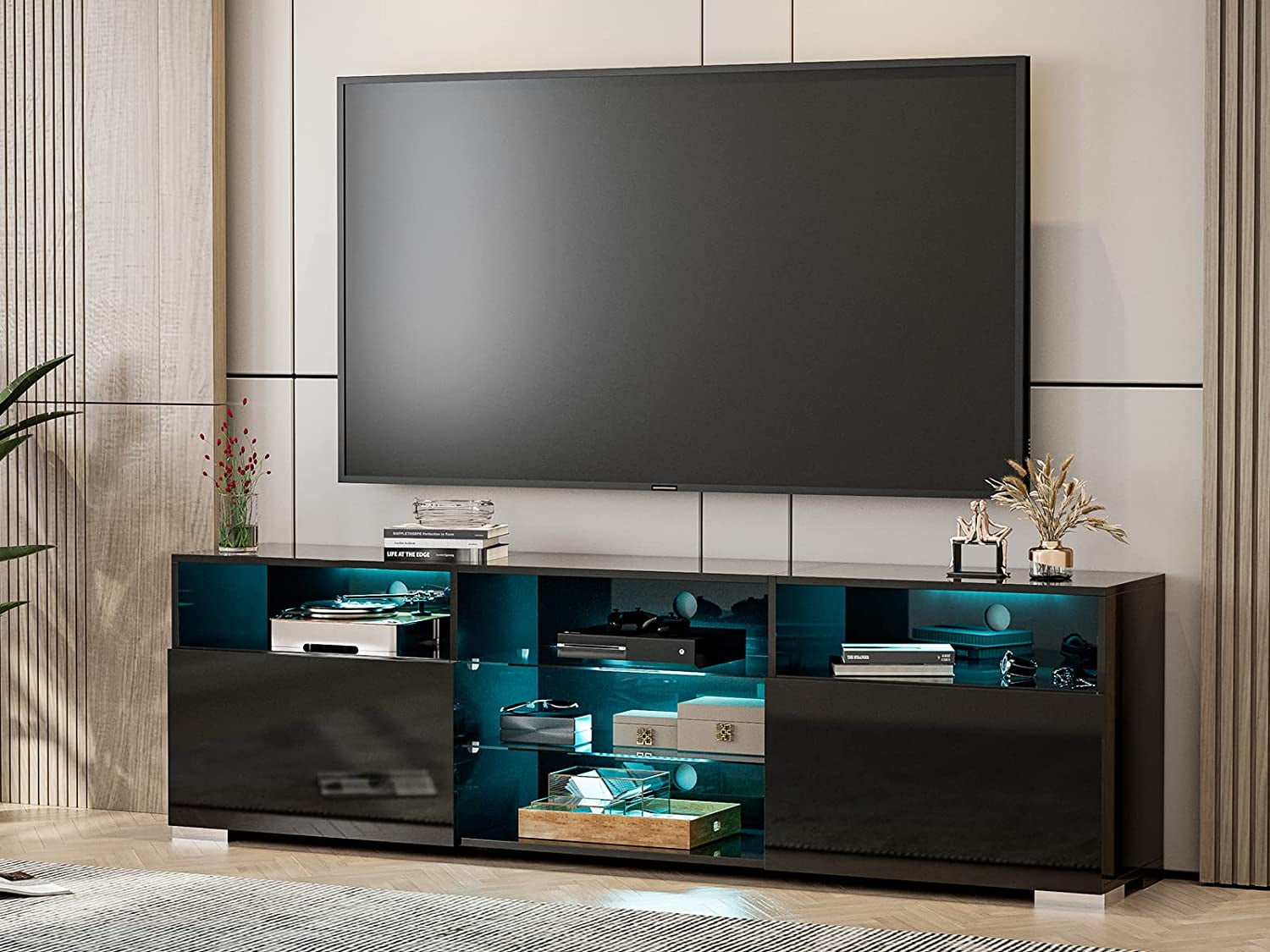 IKIFLY 75 inch LED TV Stand with 16 Colors Lights, Black High Glossy ...