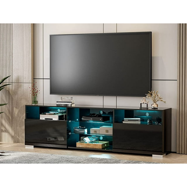 IKIFLY 75 inch LED TV Stand with 16 Colors Lights, Black High Glossy ...