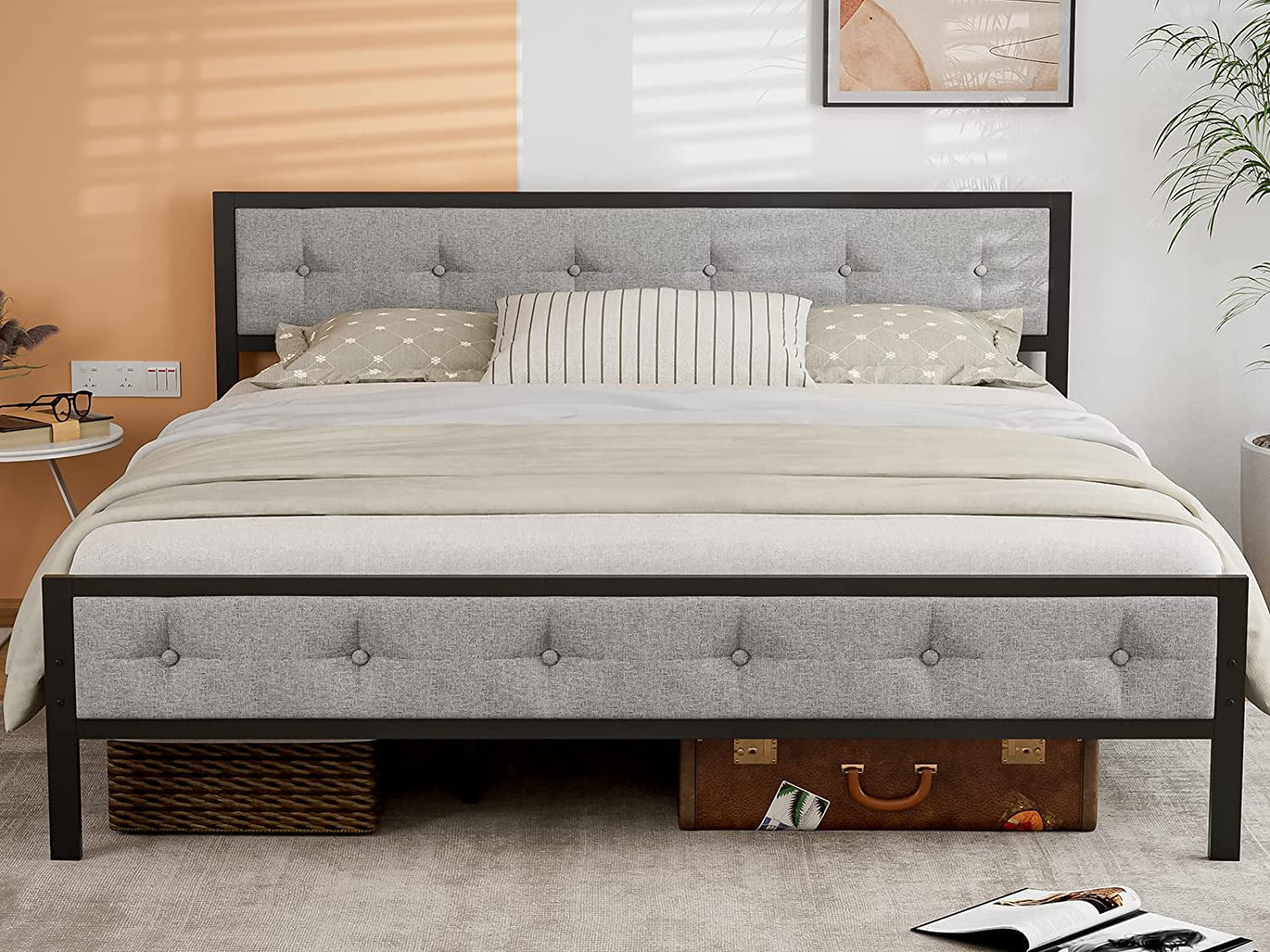 IKIFLY Metal California King Size Bed Frame with Upholstered Linen ... IKIFLY Metal California King Size Bed Frame with Upholstered Linen ...