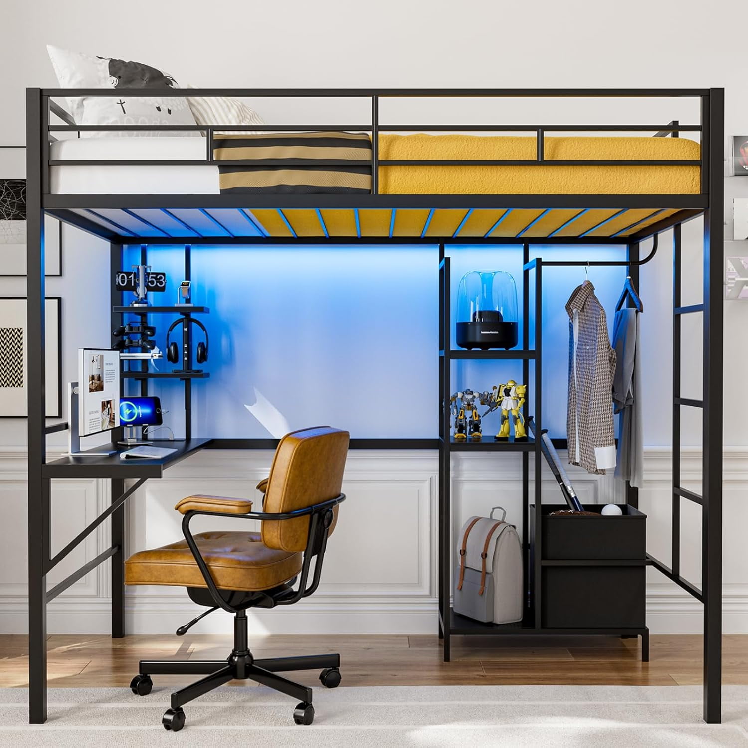 IKIFLY Metal Full Loft Bed with Desk and Storage Shelves, LED Lights ...