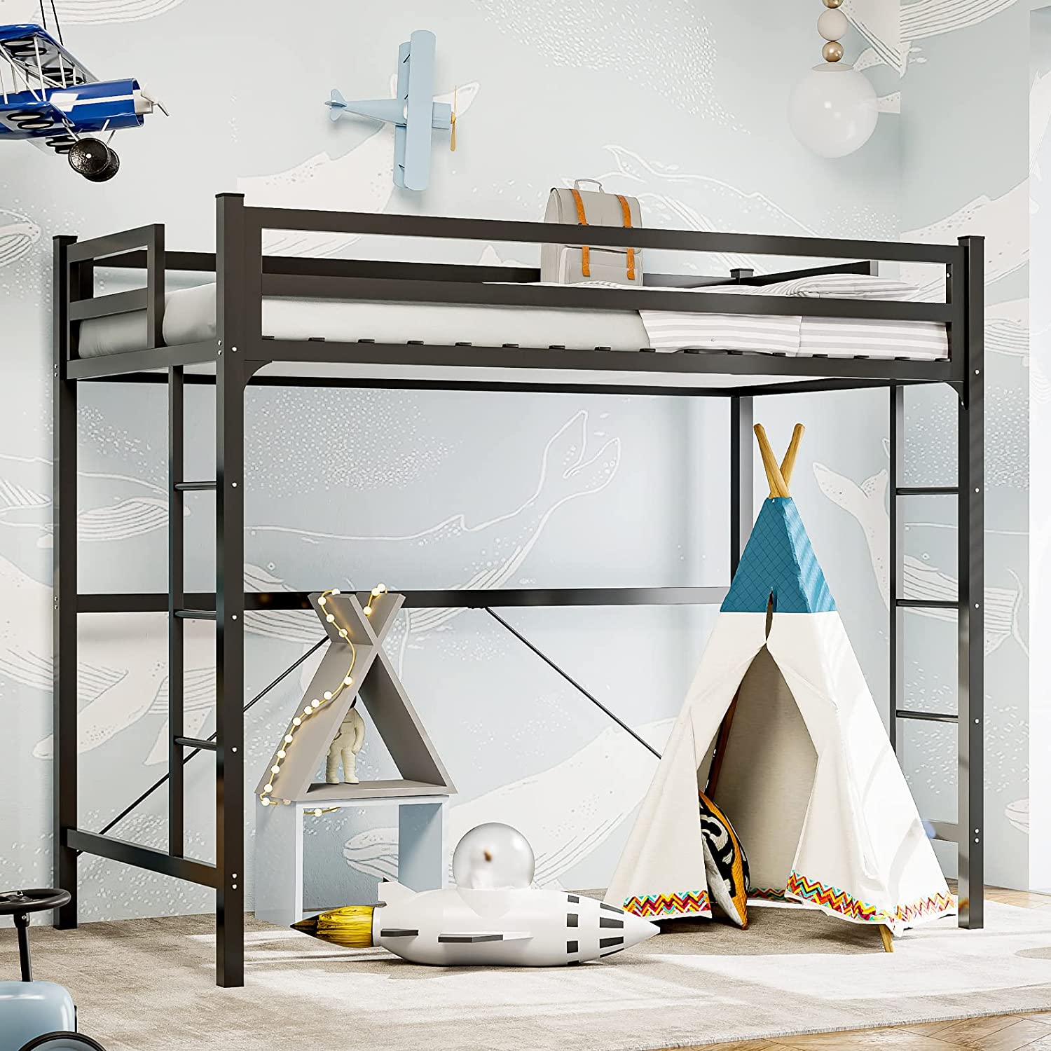 Powell Twin Loft Bed with Study and Basketball Hoop, Blue - Walmart.com
