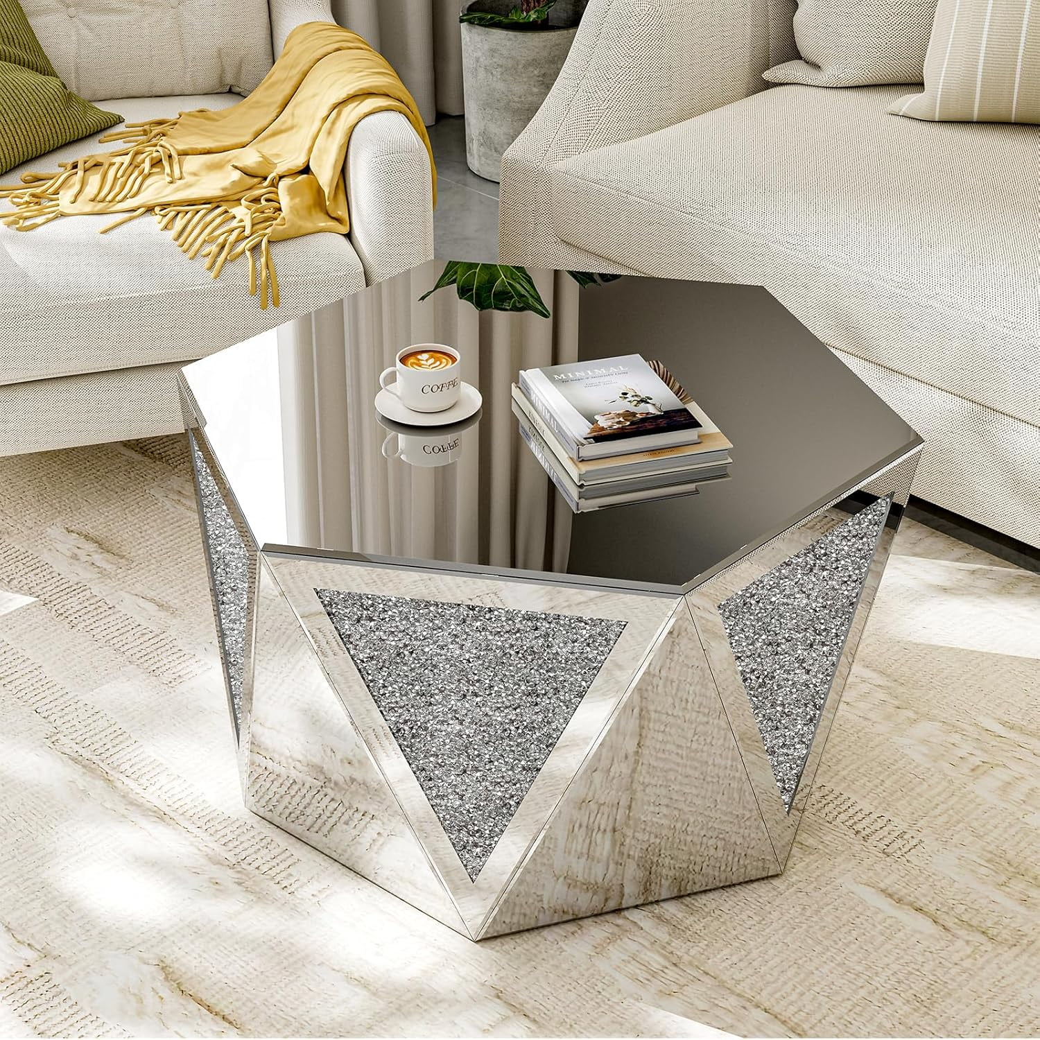 IKIFLY Mirror Coffee Table with Crushed Diamond, Luxury Hexagon ...