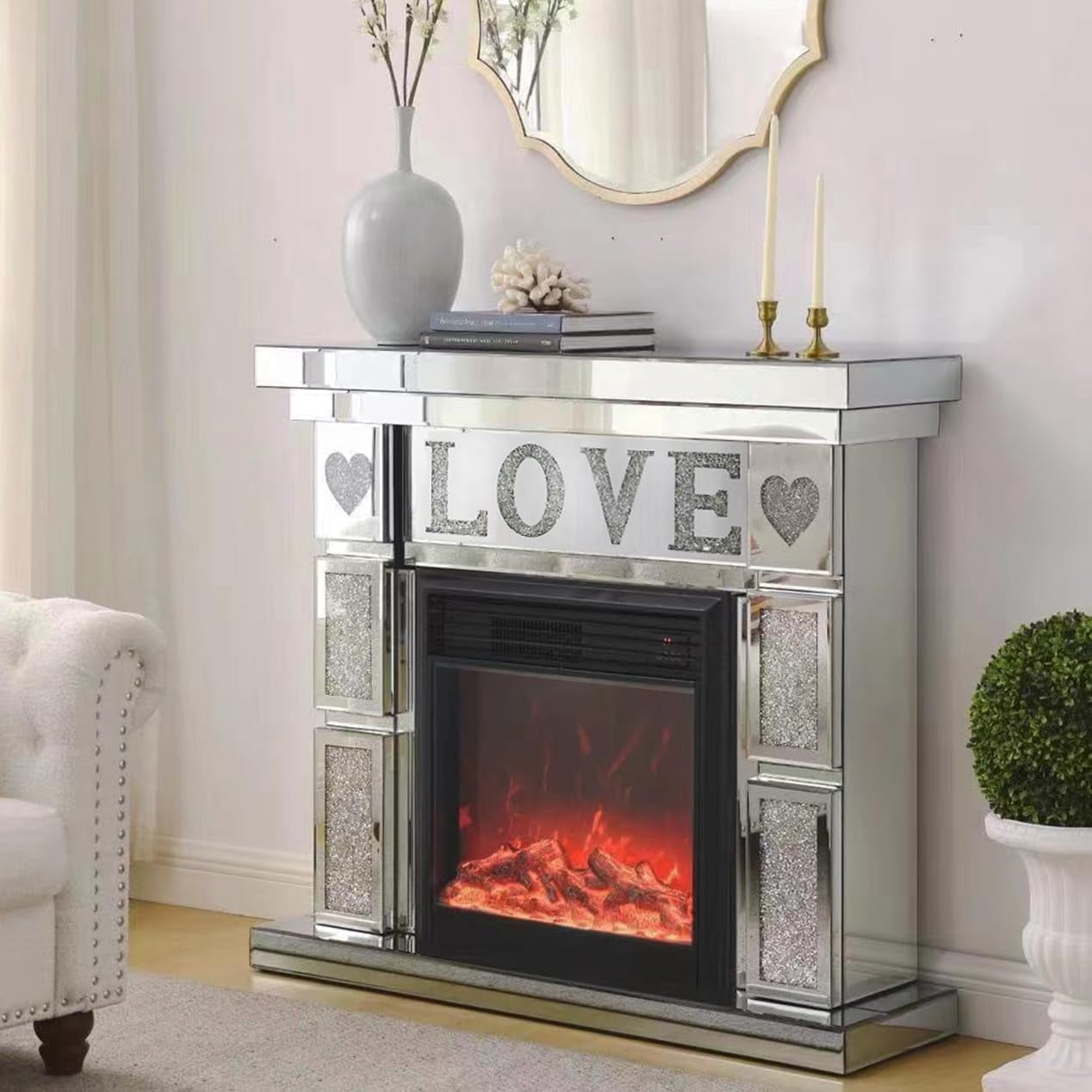 IKIFLY Mirrored Electric Fireplace with Crushed Diamond Love, Fireplace ...