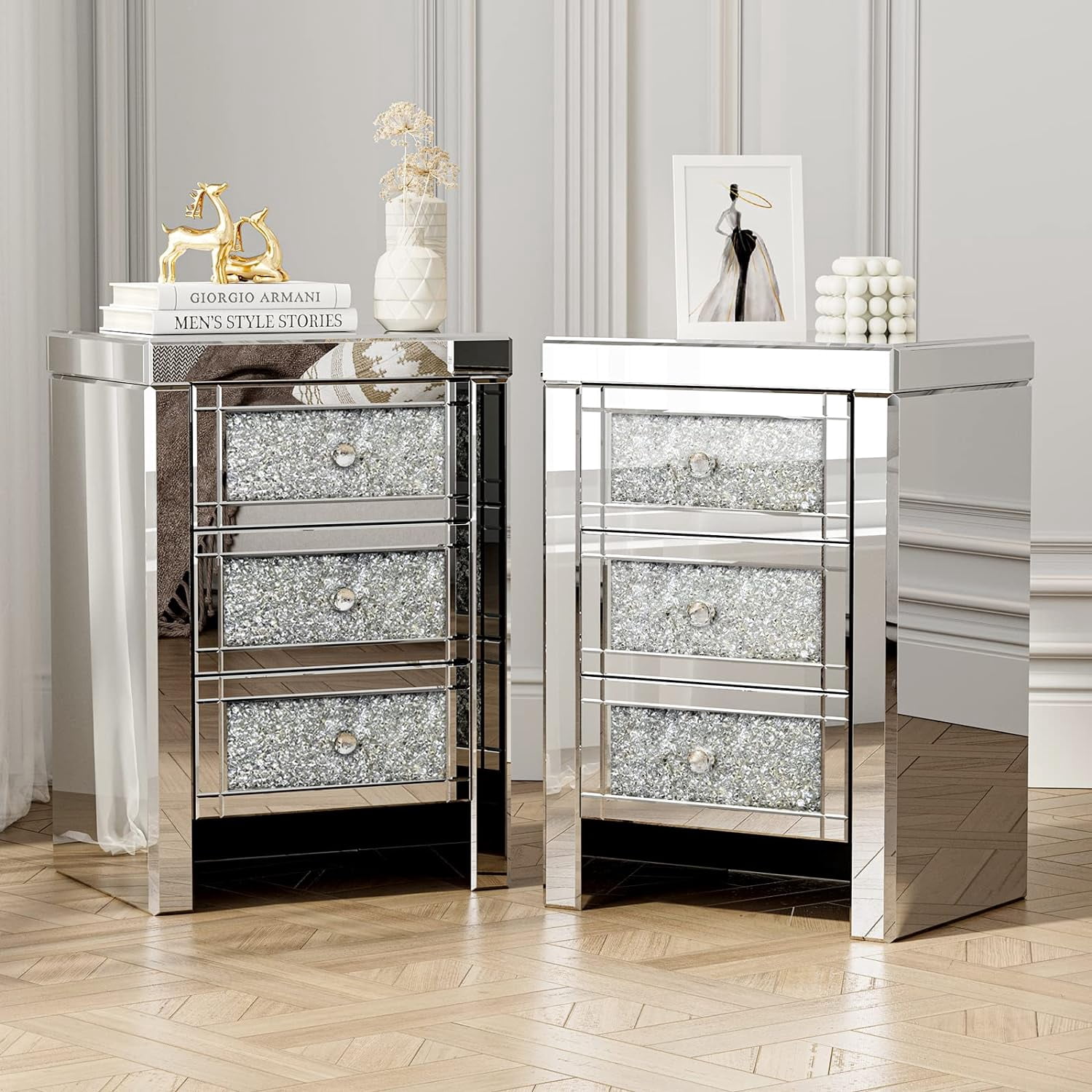 IKIFLY Mirrored End Table Set of 2, Mirror Crystal Accent Side Table w ...