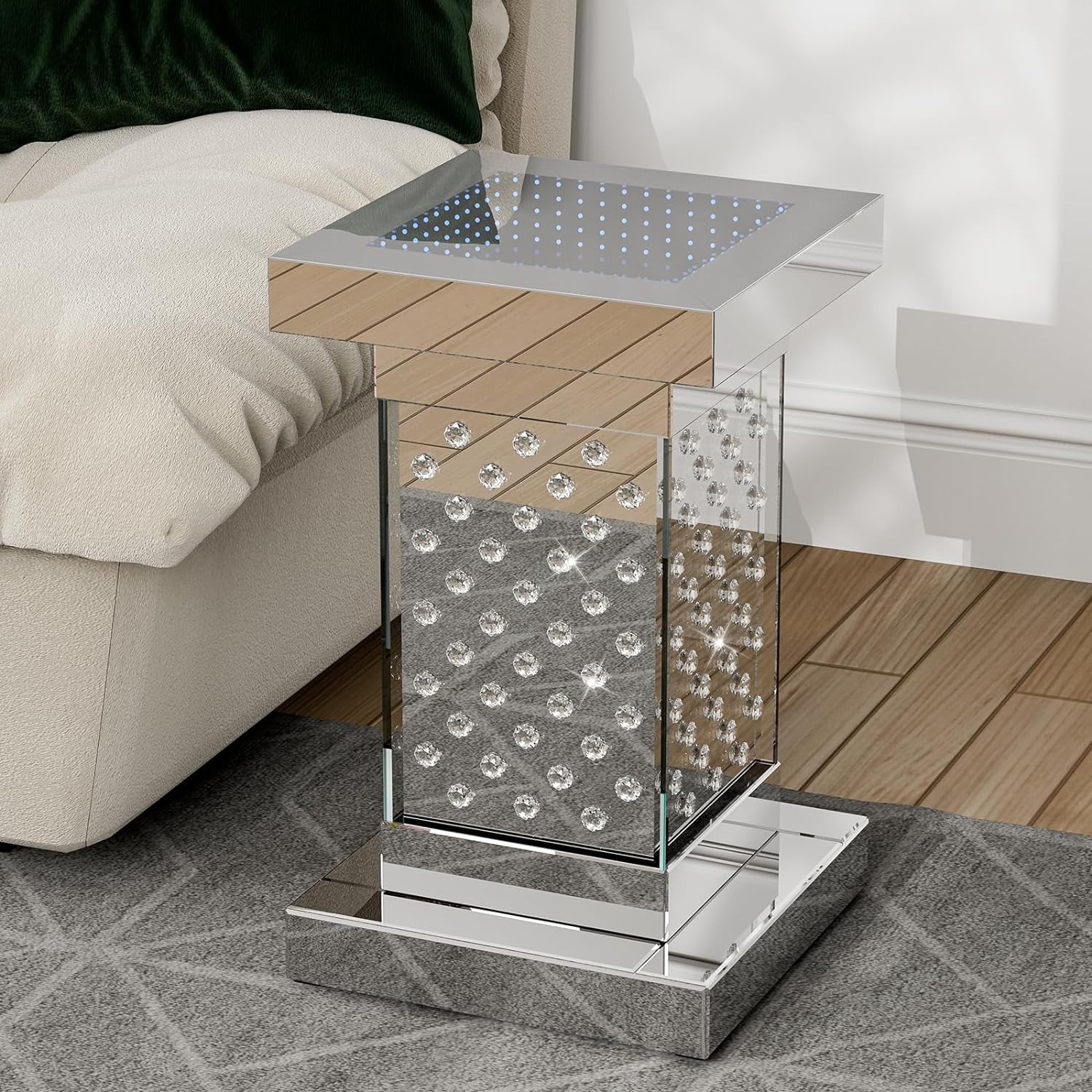 IKIFLY Mirrored End Table with LED Lasagna Lights, Modern Side Table ...