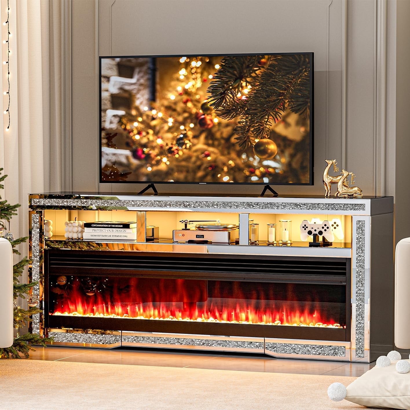 IKIFLY Mirrored Fireplace TV Stand for 65+ inch TV, Silver TV Console ...