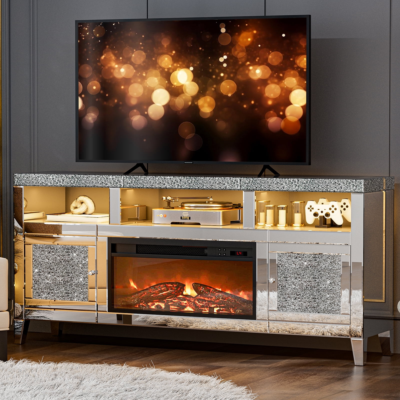 IKIFLY Mirrored Fireplace TV Stand for 65+ inch TV, Silver TV Console ...