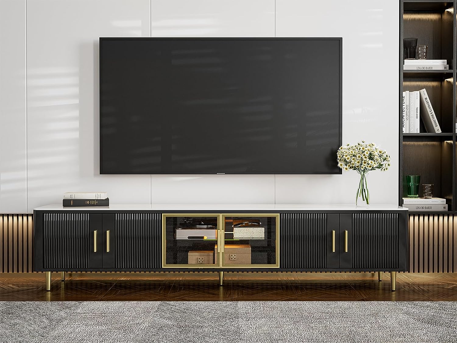 IKIFLY Modern Black TV Stand for 85+ inch TV, LED Slate Entertainment ...