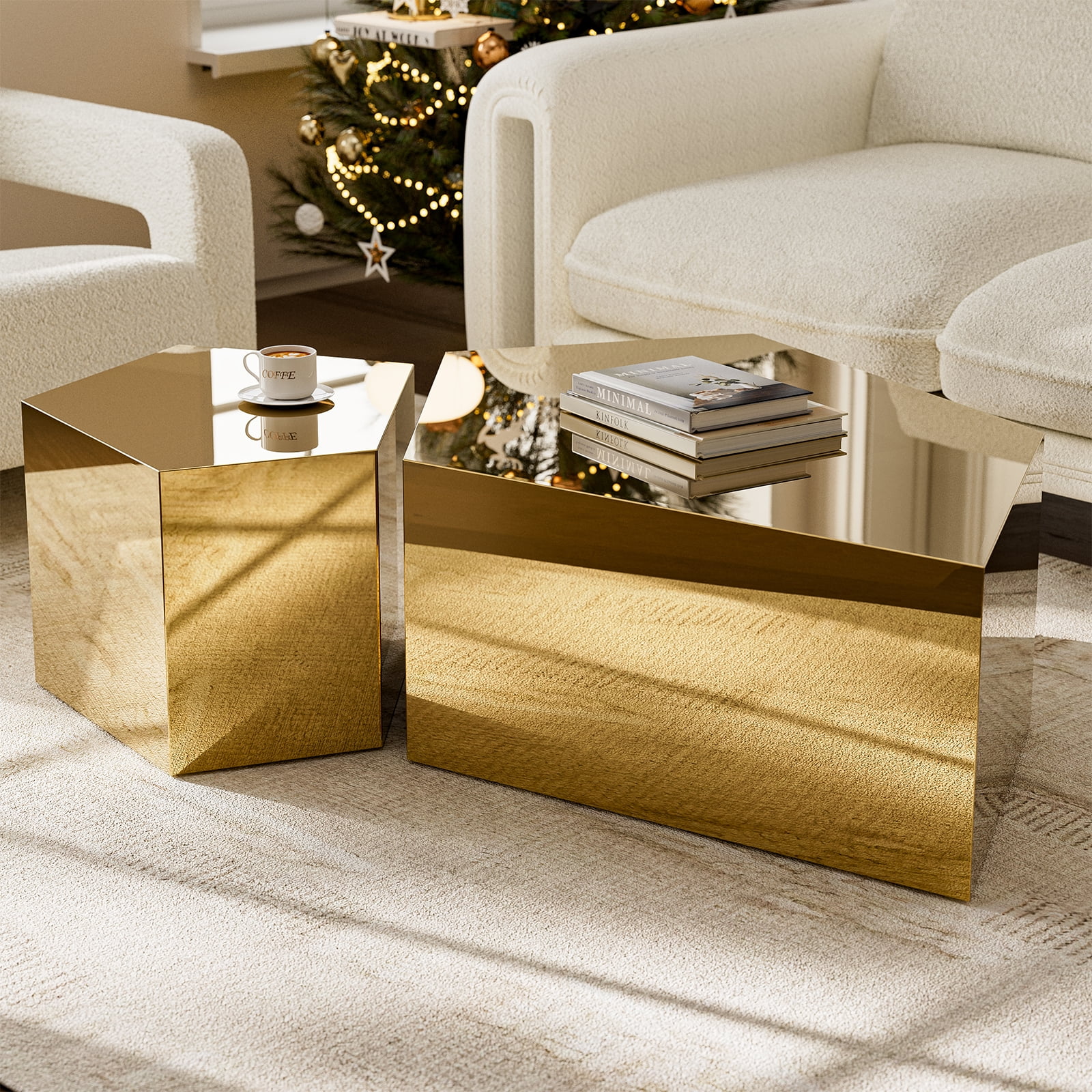 IKIFLY Modern Gold Stainless Coffee Table, Set of 2 Geometric Design ...