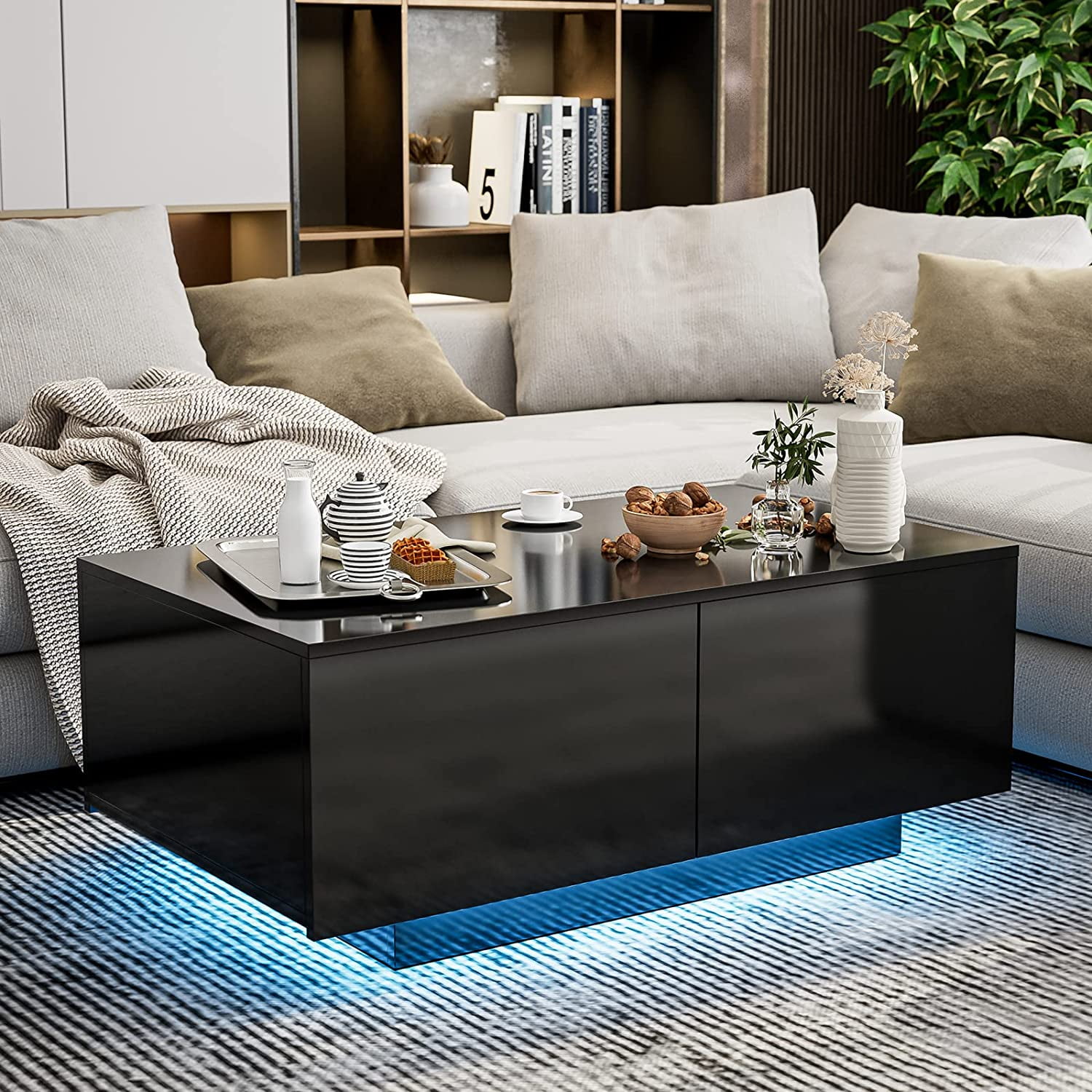 IKIFLY Modern High Gloss Coffee Table with 16 Colors LED Lights and 4 ...