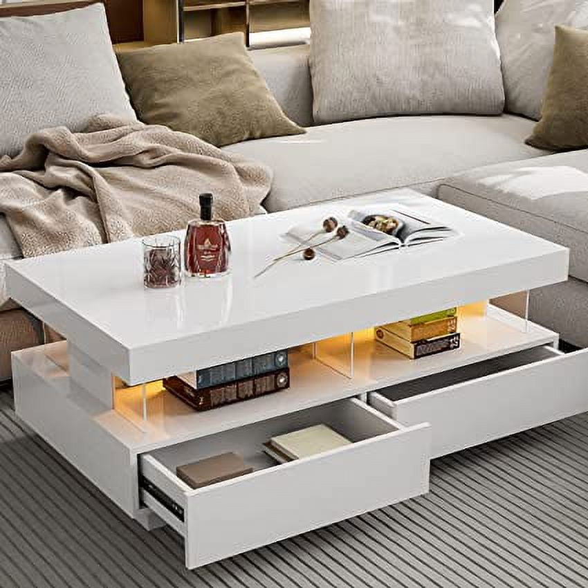 IKIFLY Modern LED Coffee Table, White High Glossy Coffee Table with ...