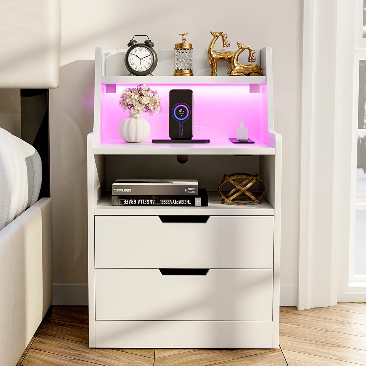 IKIFLY Modern LED Nightstand with Charging Station, LED End Table with ...