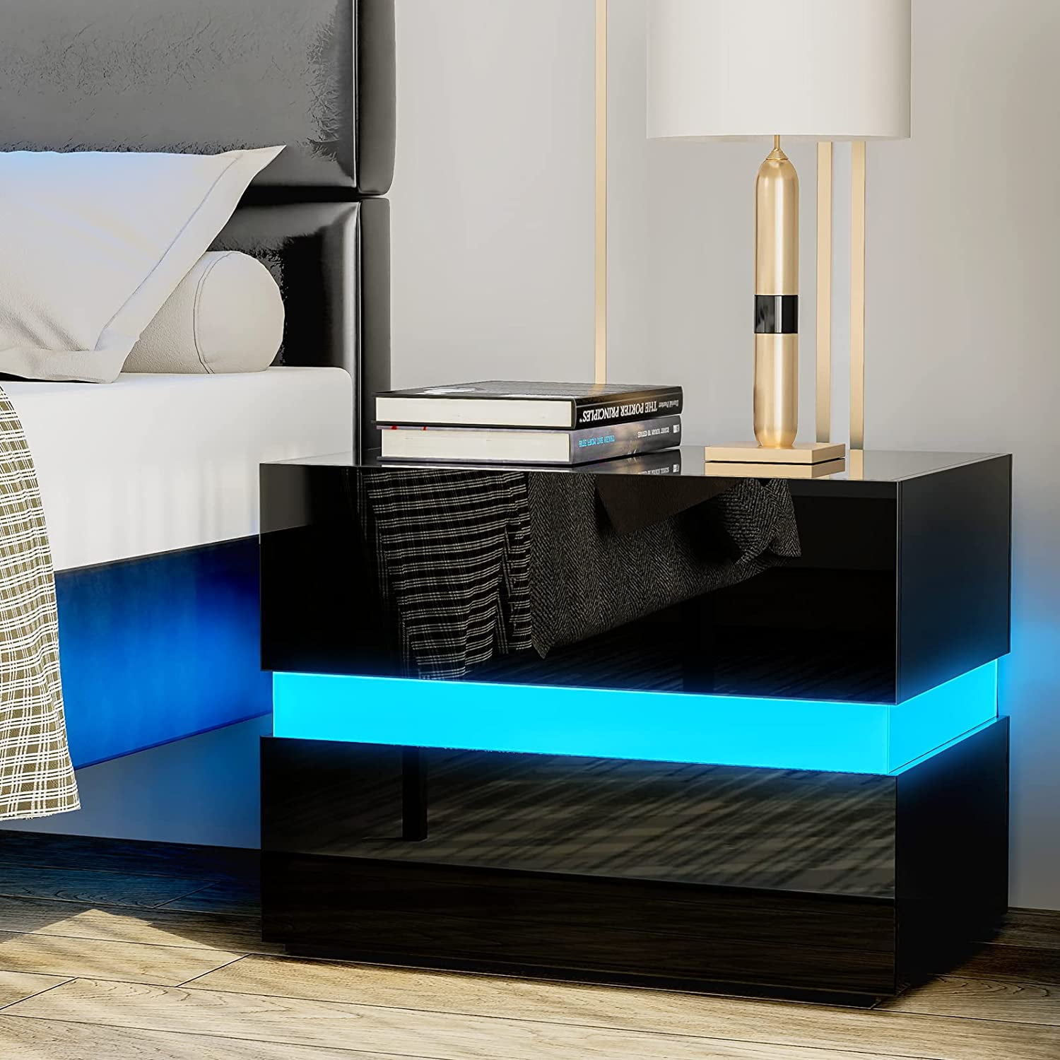 IKIFLY Modern LED Nightstand with 2 Drawers, High Glossy Bedside Table ...