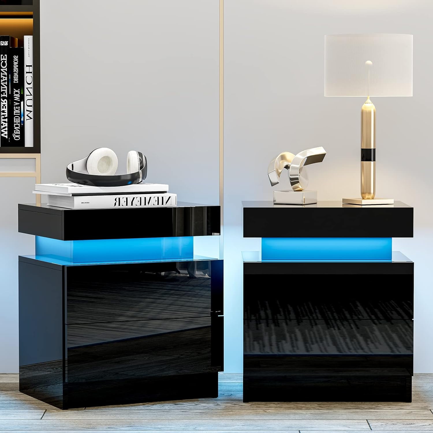 IKIFLY 2 Modern LED Nightstands - High Gloss Black, 2 Drawers & LED ...