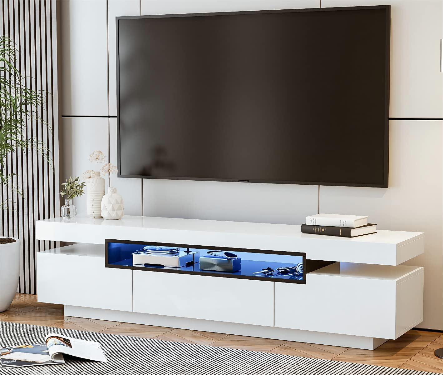 IKIFLY Modern LED TV Stand for 65+ inch TV, High Glossy Entertainment ...