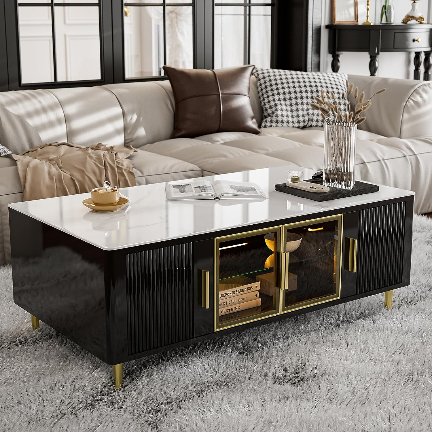IKIFLY Modern Slate Coffee Table with 16 Colors LED Lights and Glass Doors, Durable Rectangle ...