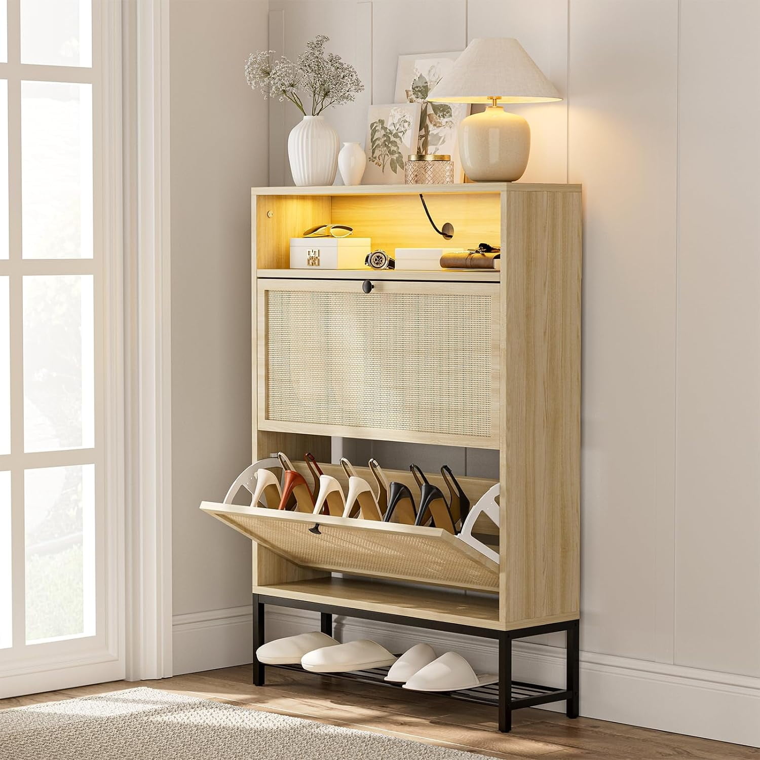 IKIFLY Natural Rattan Shoe Cabinet with LED Light, Shoe Rack Cabinet ...