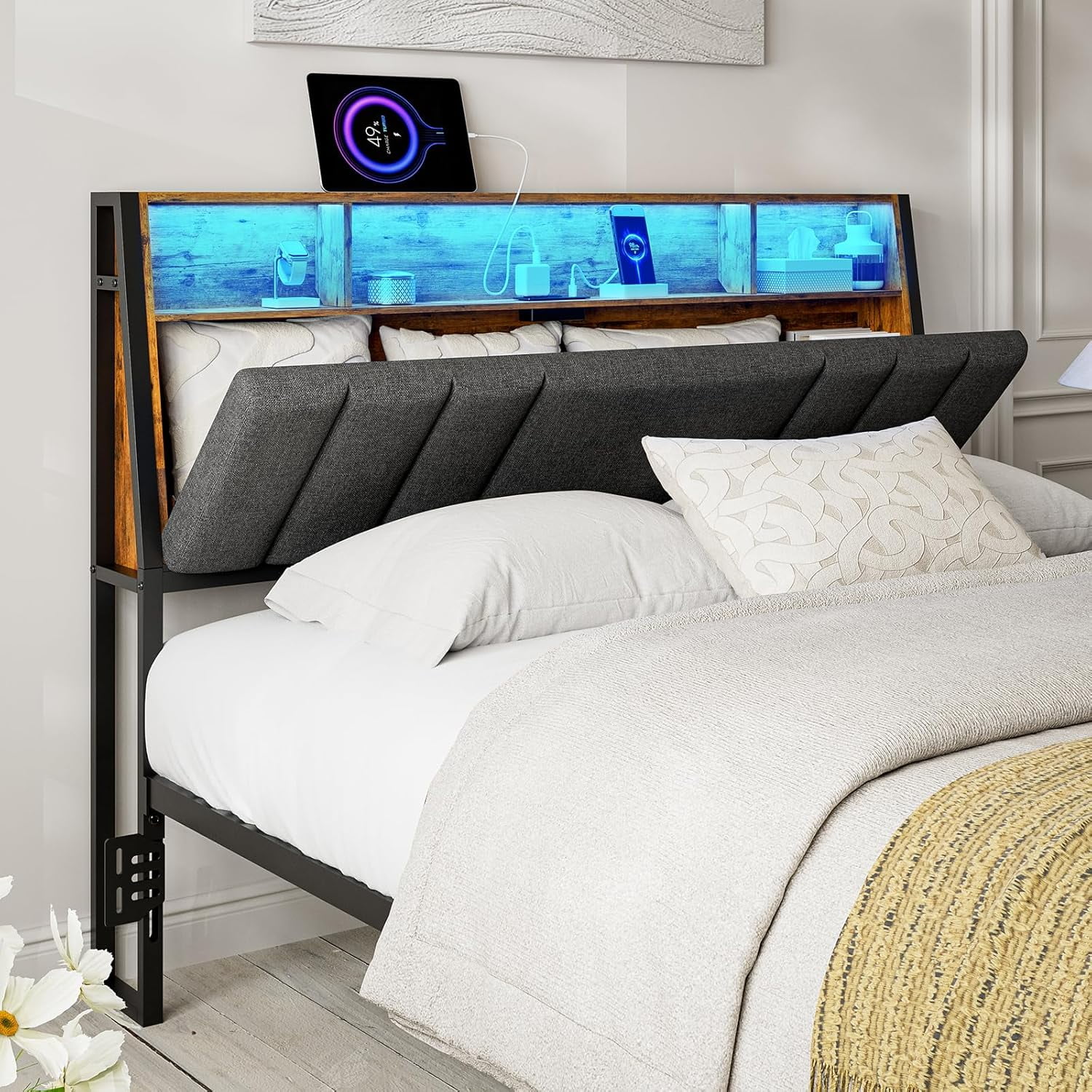 IKIFLY Queen Size Hidden Storage Headboard with LED Lights, Ergonomic ...