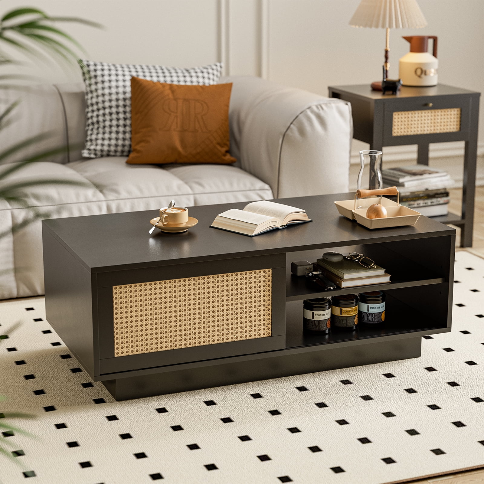 IKIFLY Mid Century Modern Rattan Coffee Table, Rectangular with Sliding ...