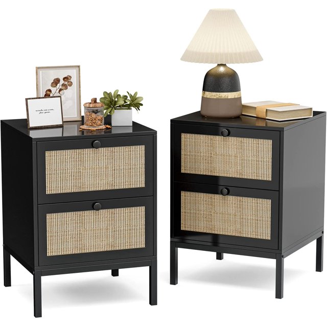 IKIFLY Indoor Wood Nightstand Furniture, Set of 2, Rattan End Side Table with Storage Drawers ...