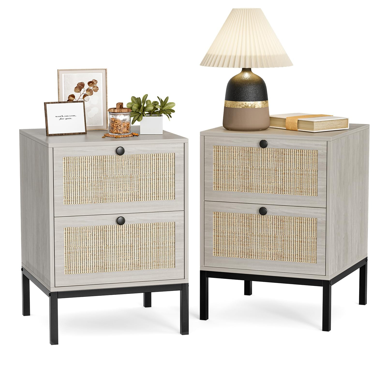 IKIFLY Rattan Nightstand Set of 2, End Side Table with 2 Handmade Natural Rattan Drawers, Accent ...