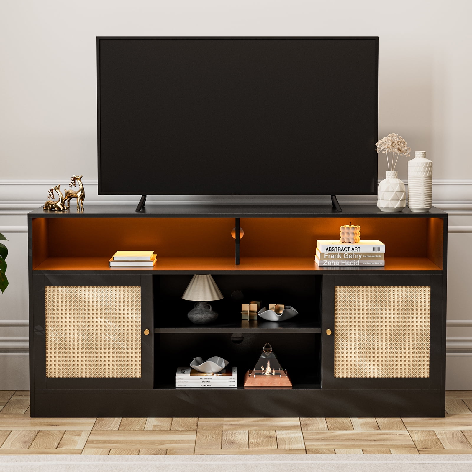 IKIFLY Rattan TV Stand 65 Inch TV Table, LED Lights Mid Century Modern ...