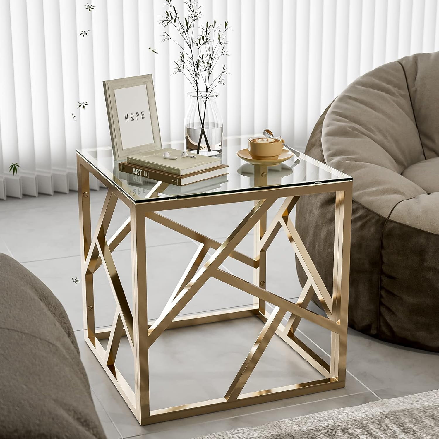 IKIFLY Square Glass End Table with Shelf Stainless Steel Structure ...