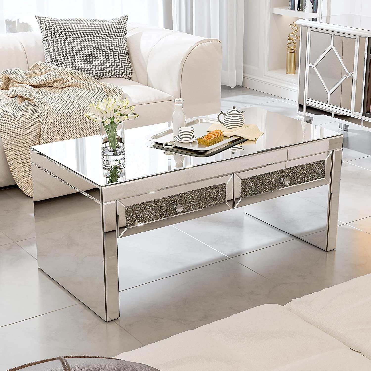 IKIFLY Diamond Mirrored Coffee Table with 2 Crystal Drawers, Glass End ...