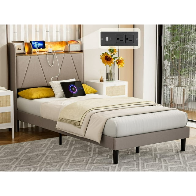 IKIFLY Twin XL Bed Frame with LED Lights, Storage Shelf, USB Charging ...