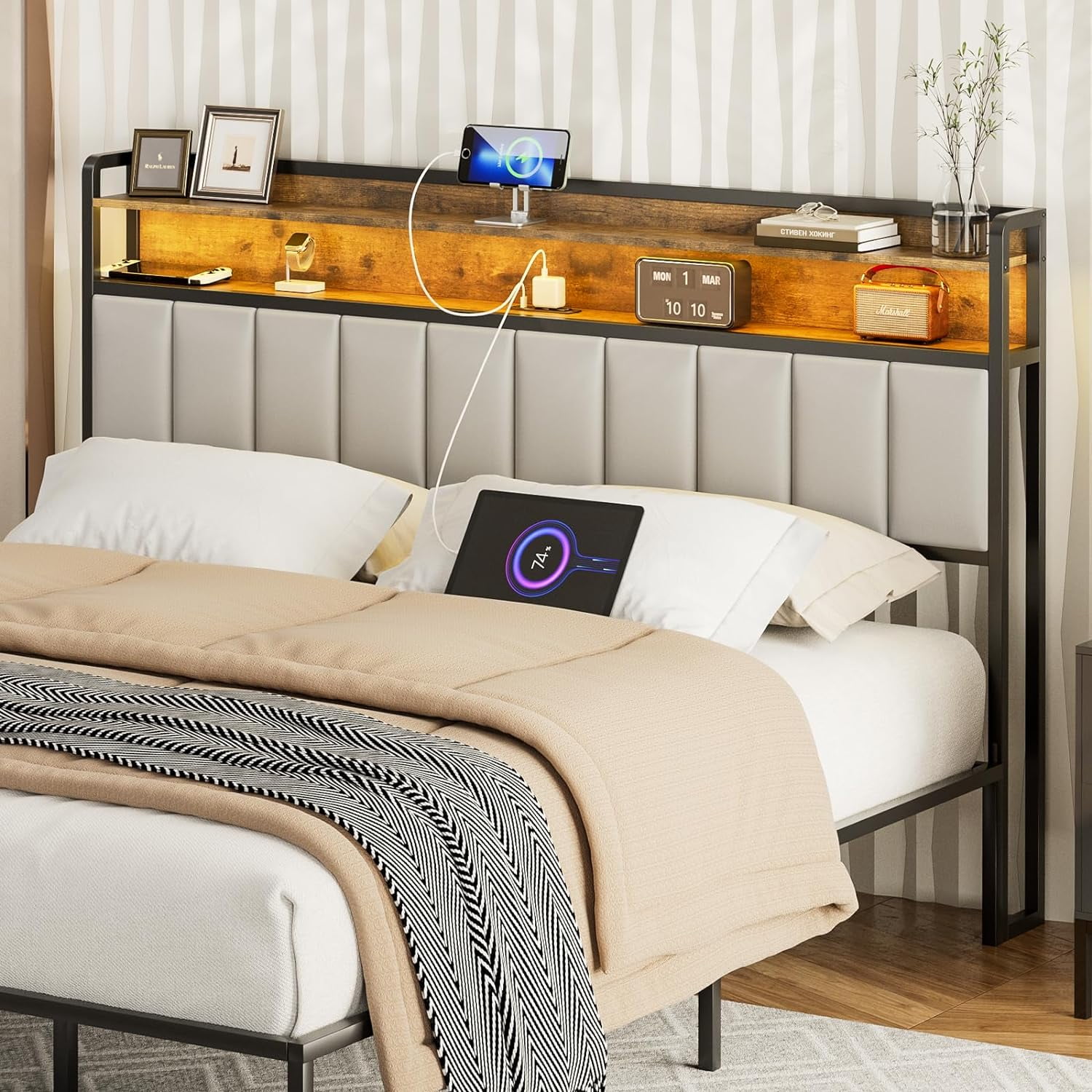 IKIFLY Upholstered California King Size Storage Headboard with LED ...